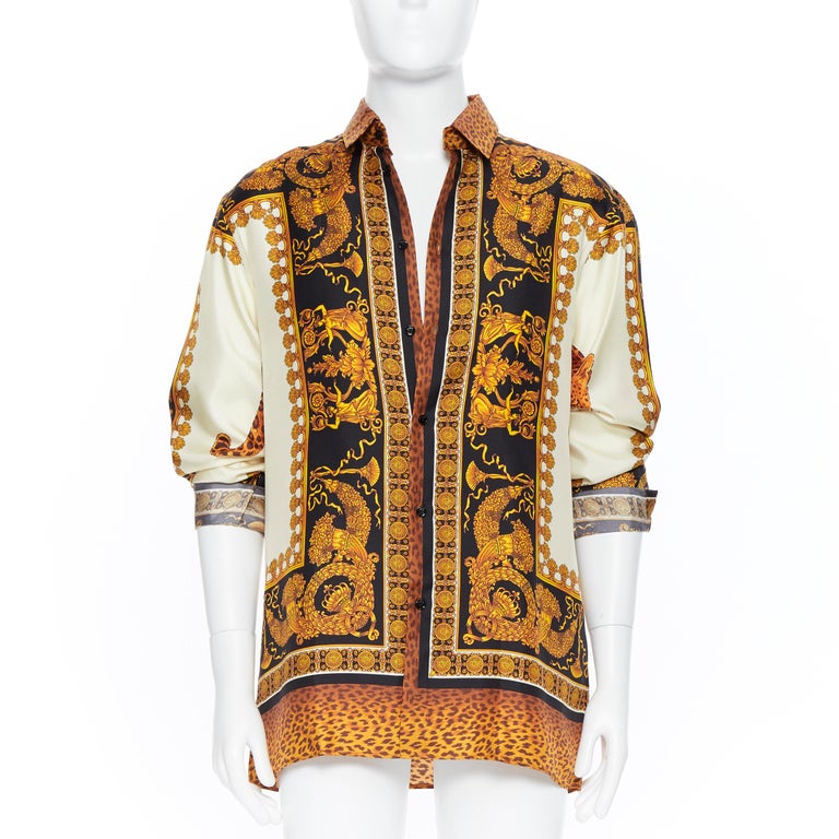 new VERSACE AW18 Runway Wild Leopard black gold baroque 100% silk shirt ...