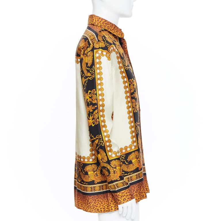 new VERSACE AW18 Runway Wild Leopard black gold baroque 100% silk shirt ...
