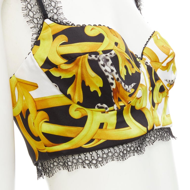 new VERSACE Barocco Acanthus black gold print lace trimmed bustier bra ...