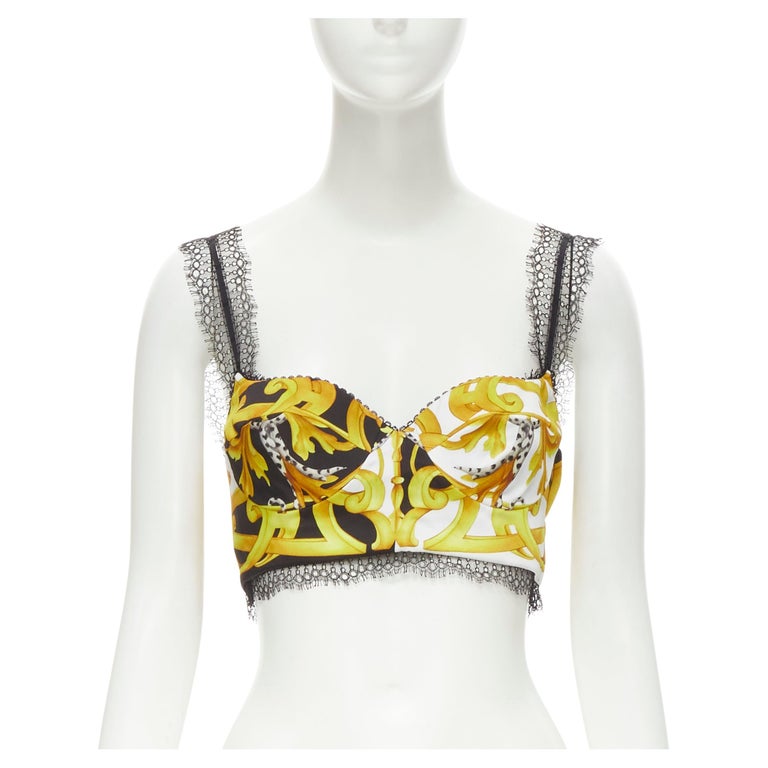 new VERSACE Barocco Acanthus black gold print lace trimmed bustier bra ...