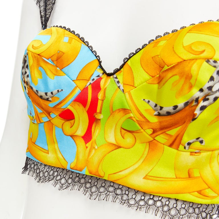 new VERSACE Barocco Acanthus Pop print lace trim boned bustier bra top ...