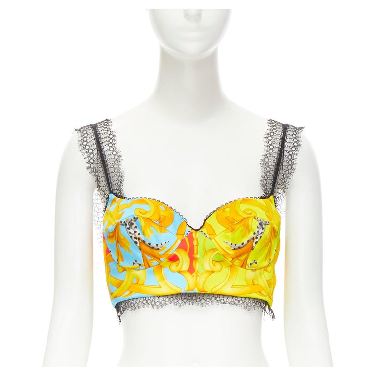 new VERSACE Barocco Acanthus Pop print lace trim boned bustier bra top ...