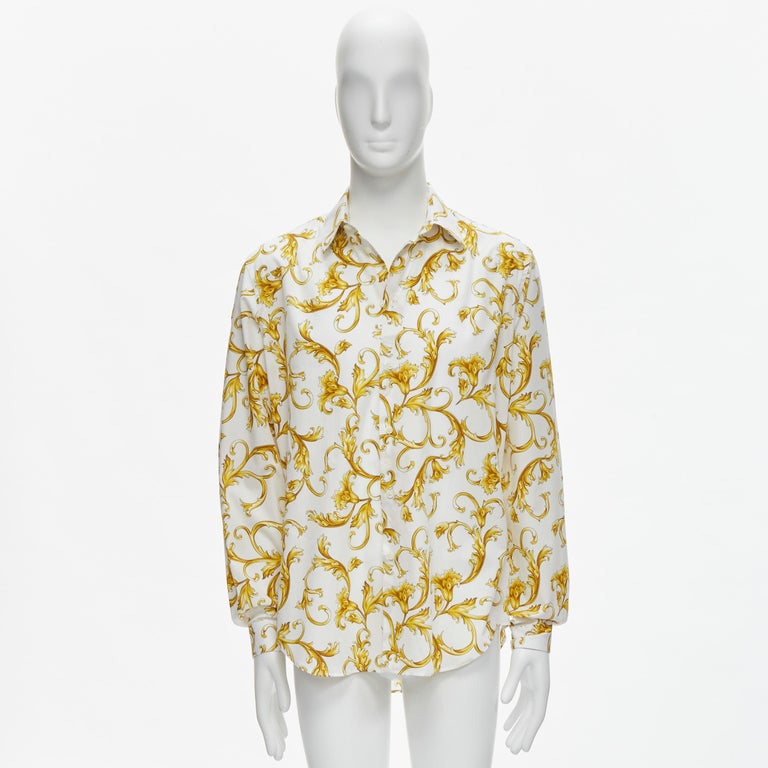 new VERSACE Barocco Rococo white gold floral leaf cotton shirt EU40 M ...