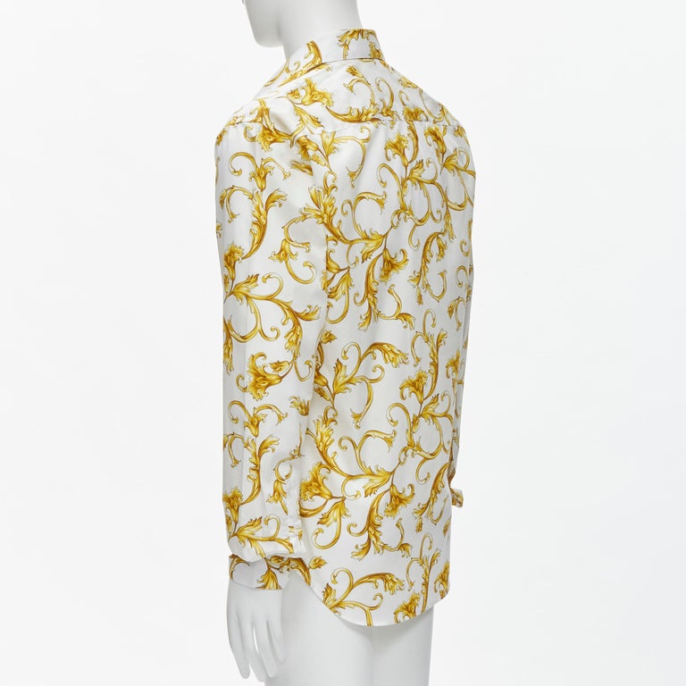 new VERSACE Barocco Rococo white gold floral leaf cotton shirt EU40 M ...