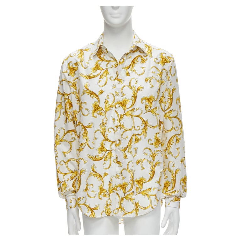 new VERSACE Barocco Rococo white gold floral leaf cotton shirt EU40 M ...
