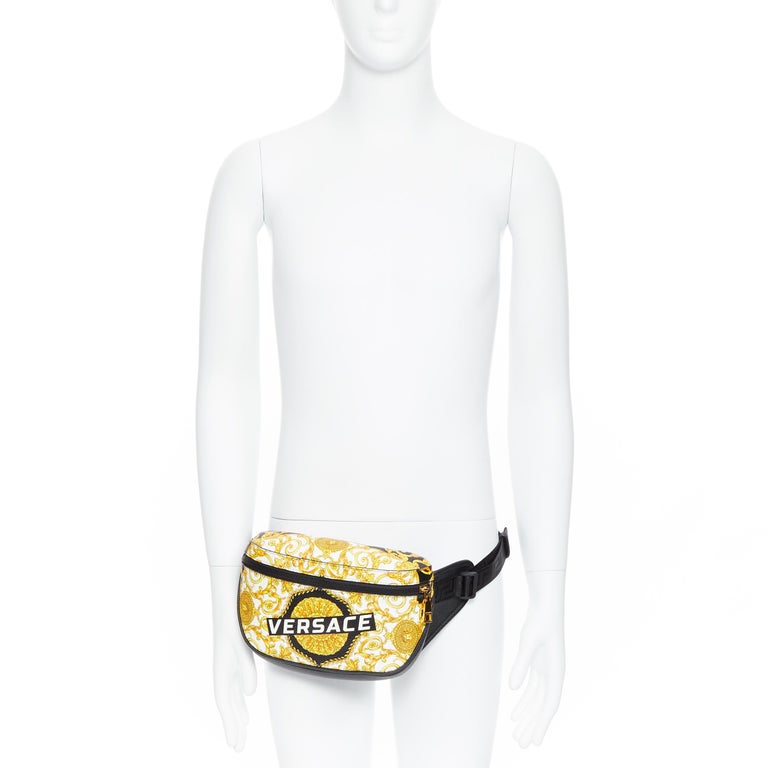 new VERSACE Baroque Box Logo black gold print leather crossbody waist ...