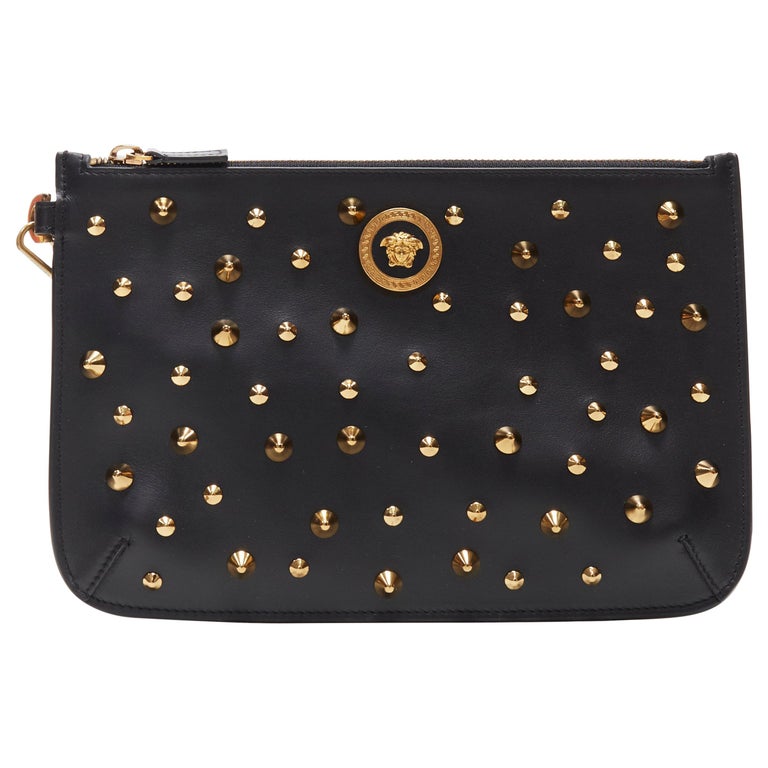 new VERSACE black calf leather gold spike stud Medusa coin zip pouch ...