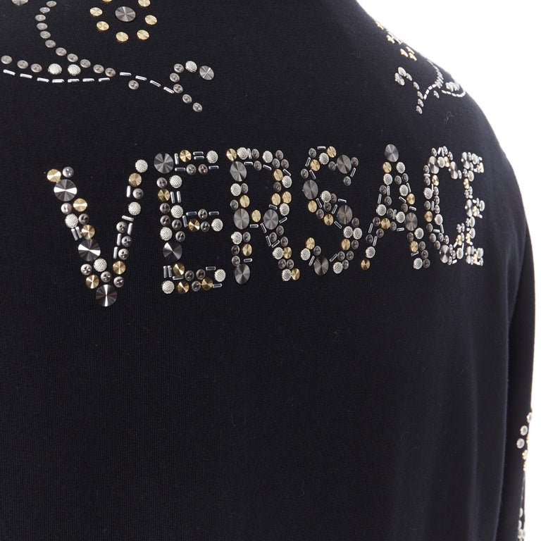 new VERSACE black cotton silver gold stud embellished logo back zip up ...
