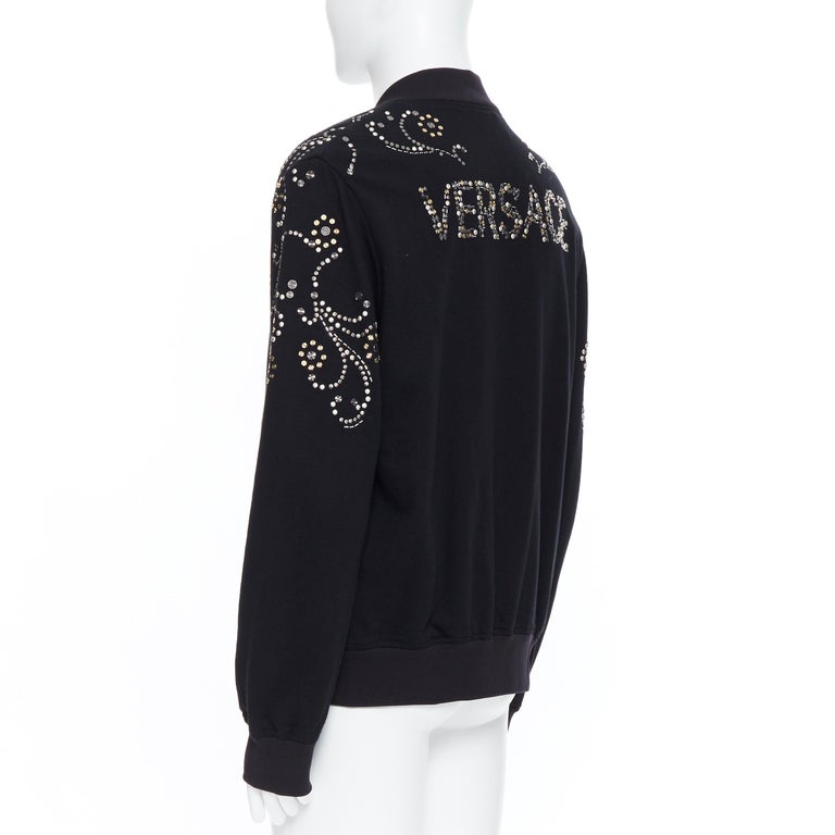 new VERSACE black cotton silver gold stud embellished logo back zip up ...