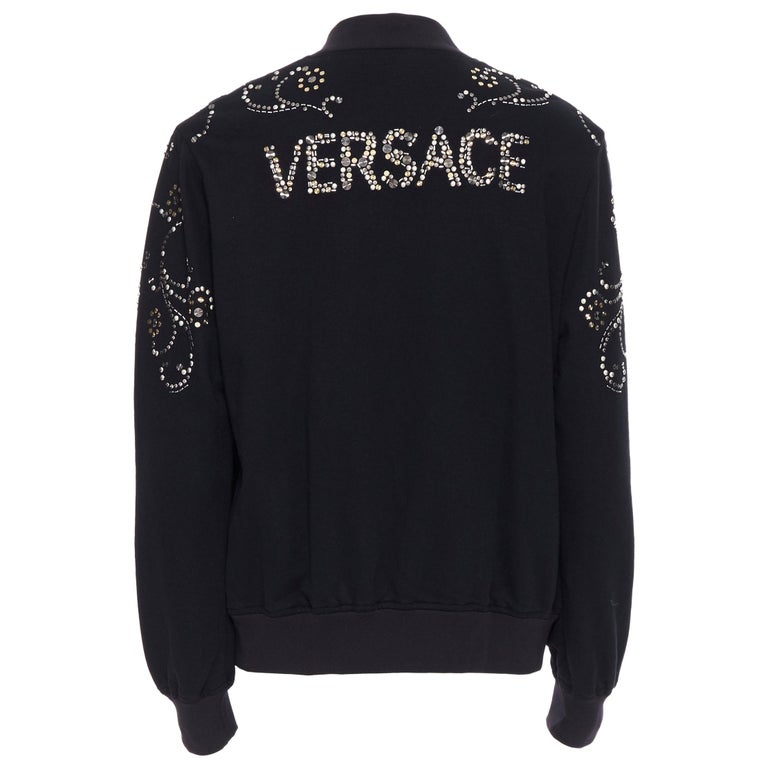 new VERSACE black cotton silver gold stud embellished logo back zip up ...