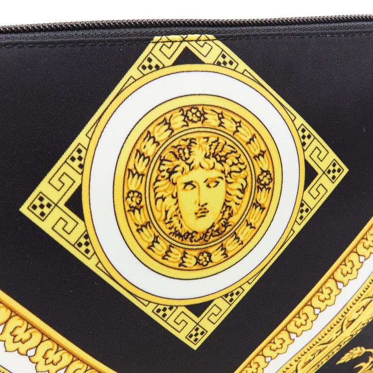 new VERSACE black gold baroque Medusa print cotton top zip clutch pouch ...