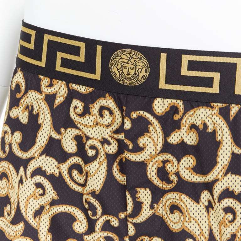new VERSACE black gold baroque print Greca Medusa waist band swim ...