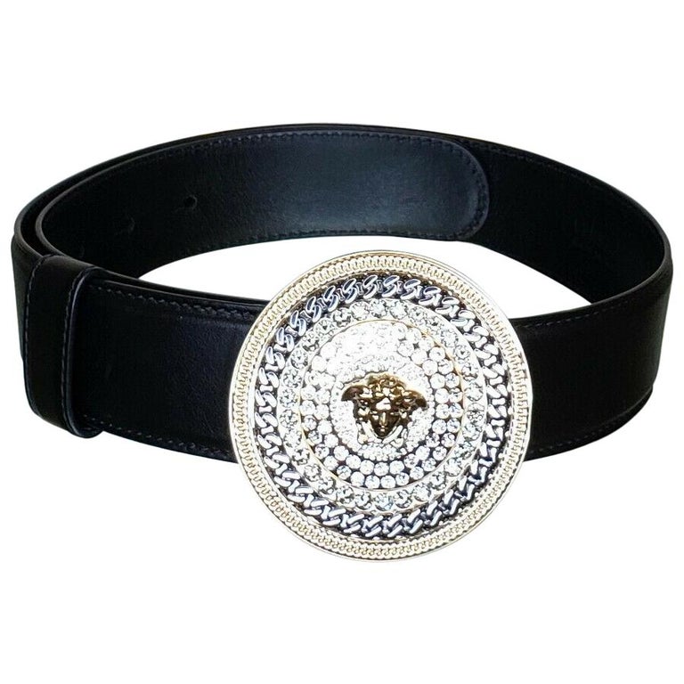 New VERSACE BLACK LEATHER CRYSTALS EMBELLISHED MEDUSA BELT 70/28 at 1stDibs