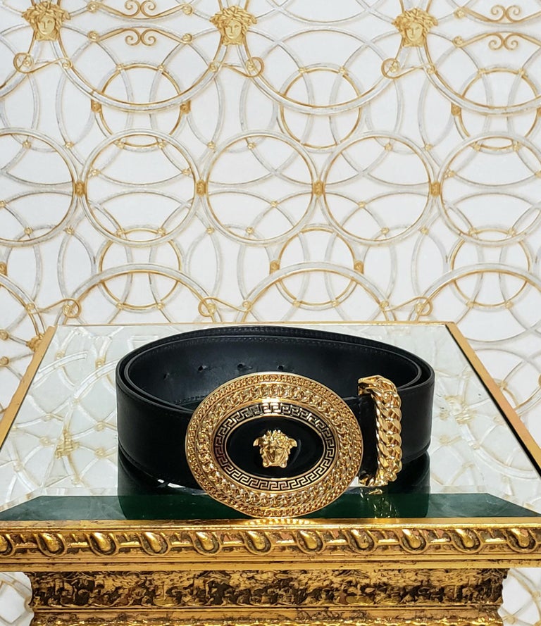 NEW VERSACE BLACK LEATHER GOLD-PLATED MEDUSA Belt 80/32 For Sale at 1stDibs