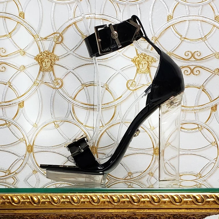 New VERSACE black patent leather plexiglass platform sandals 36; 39; 40 ...