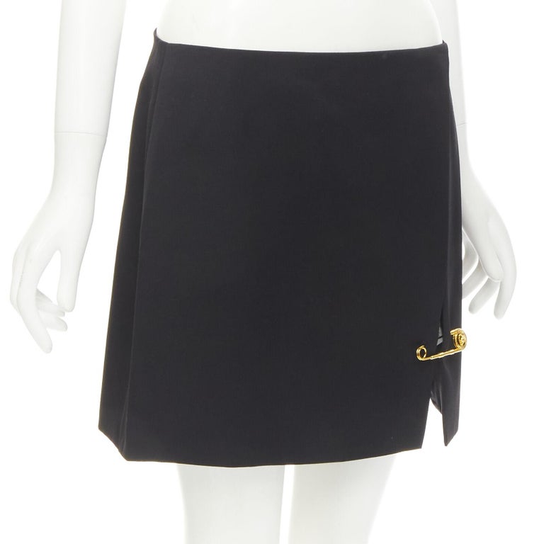 new VERSACE black viscose gold Medusa safety pin high slit mini skirt ...