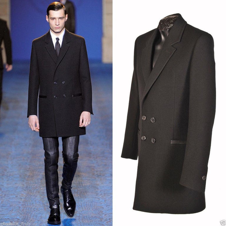NEW VERSACE BLACK WOOL COAT with LEATHER TRIM for MEN For Sale at 1stDibs