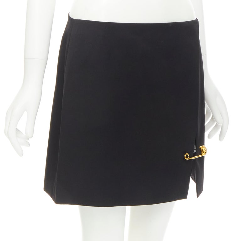 new VERSACE black wool gold Medusa safety pin high slit mini skirt IT42 ...