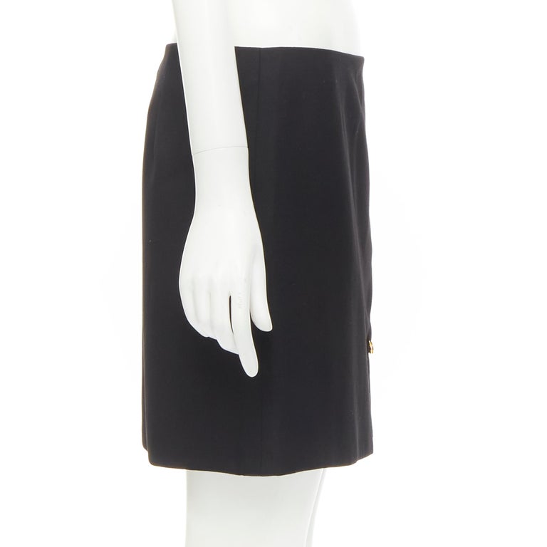 new VERSACE black wool gold Medusa safety pin high slit mini skirt IT42 ...
