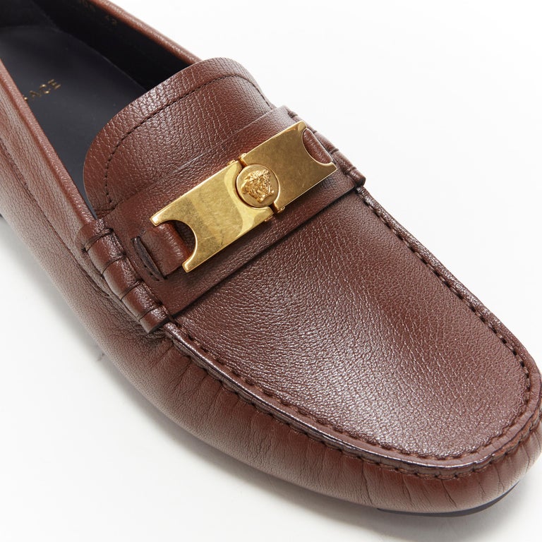 new VERSACE brown goat leather gold Medusa plaque strapped car shoe ...
