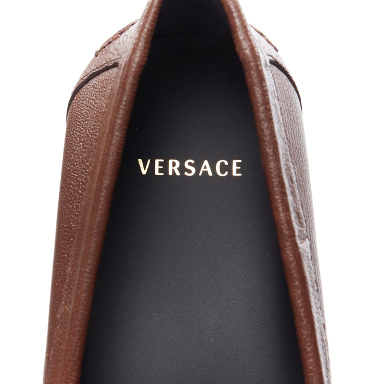 new VERSACE brown goat leather gold Medusa plaque strapped car shoe ...
