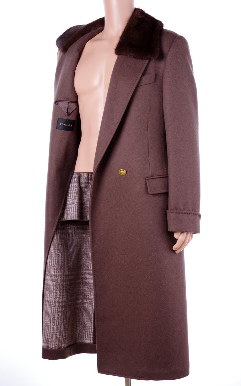 New Versace Brown Wool Coat with Mink Fur for Men at 1stDibs