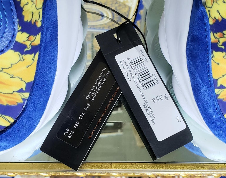 NEW VERSACE CHAIN REACTION BLUE LEATHER and TEXTILE BAROQUE SNEAKERS 42 ...