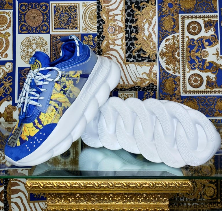 NEW VERSACE CHAIN REACTION BLUE LEATHER and TEXTILE BAROQUE SNEAKERS 42 ...