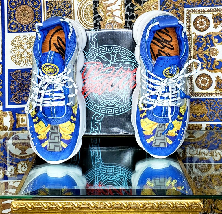 NEW VERSACE CHAIN REACTION BLUE LEATHER and TEXTILE BAROQUE SNEAKERS 42 ...