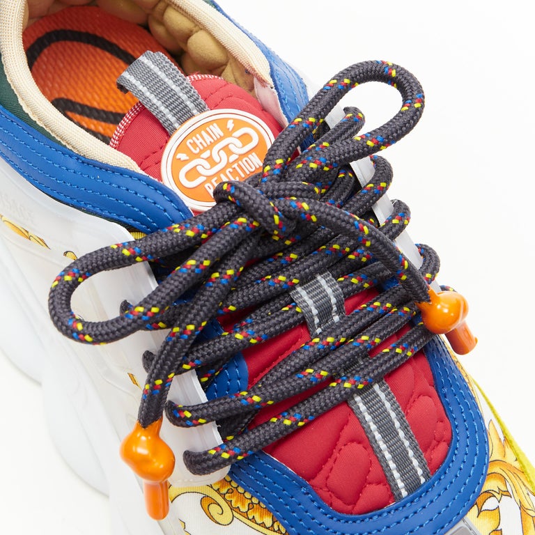 new VERSACE Chain Reaction gold barocco twill yellow blue suede sneaker ...
