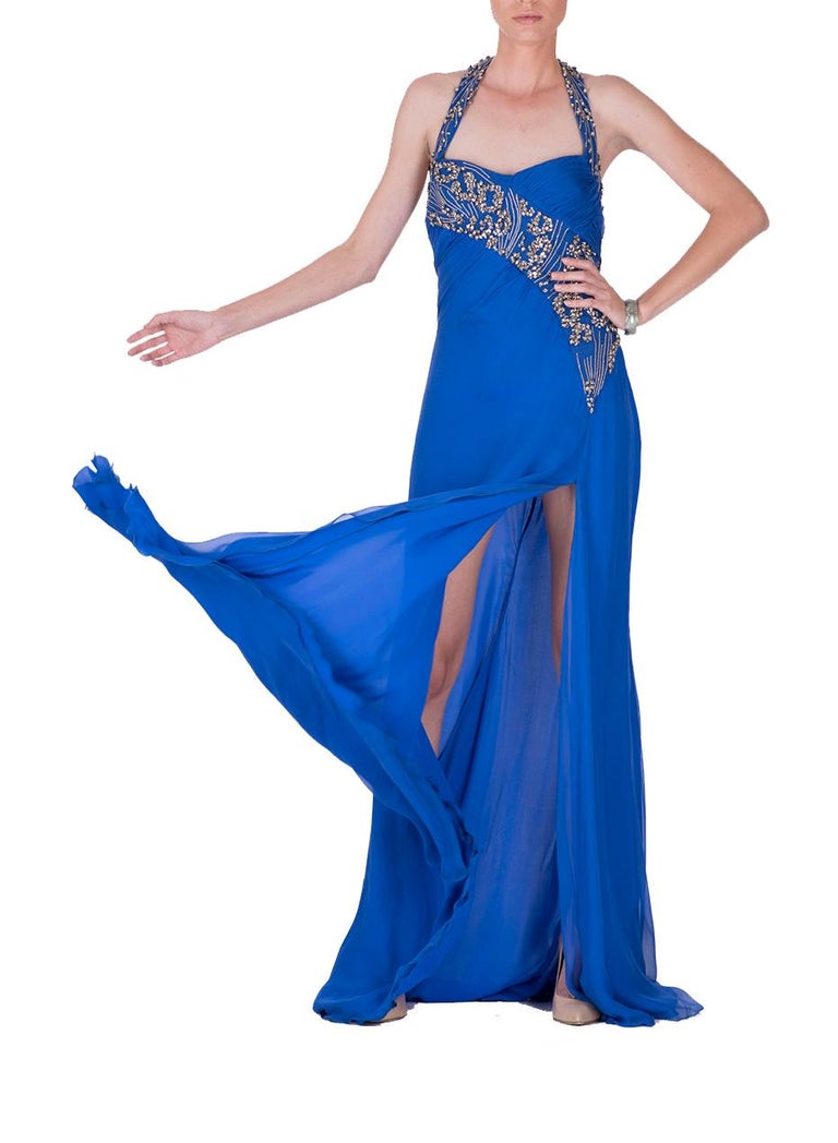 F/W 2009 NEW VERSACE BLUE SILK EMBROIDERED HALTER Gown 42 - 6 For Sale ...