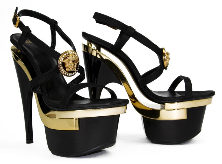 New Versace Gold Black Triple Platform Swarovski Crystals Medusa Shoes ...