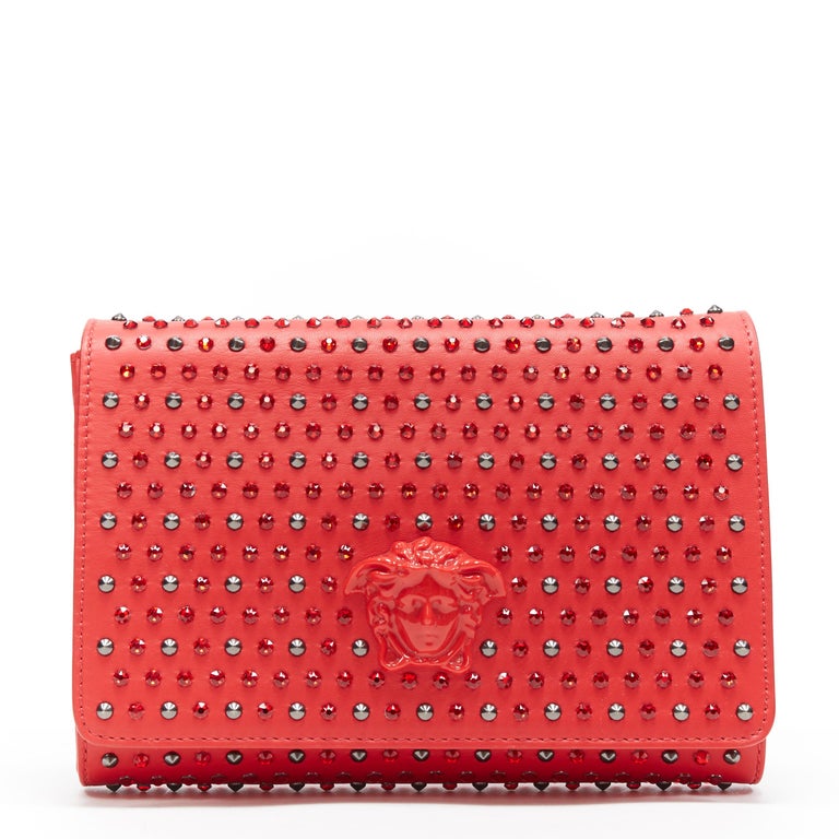 new VERSACE gold leather tonal Medusa head crystal strass stud flap ...