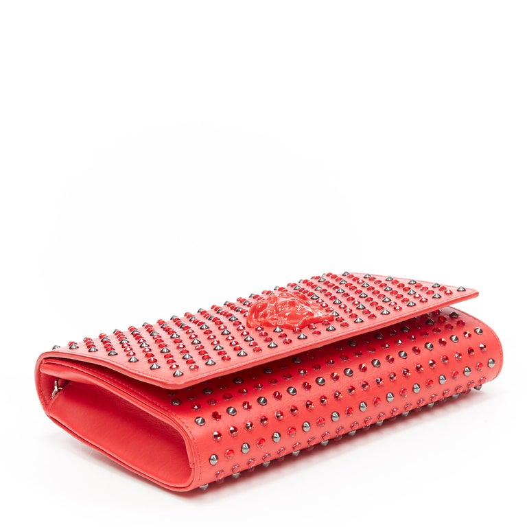 new VERSACE gold leather tonal Medusa head crystal strass stud flap ...