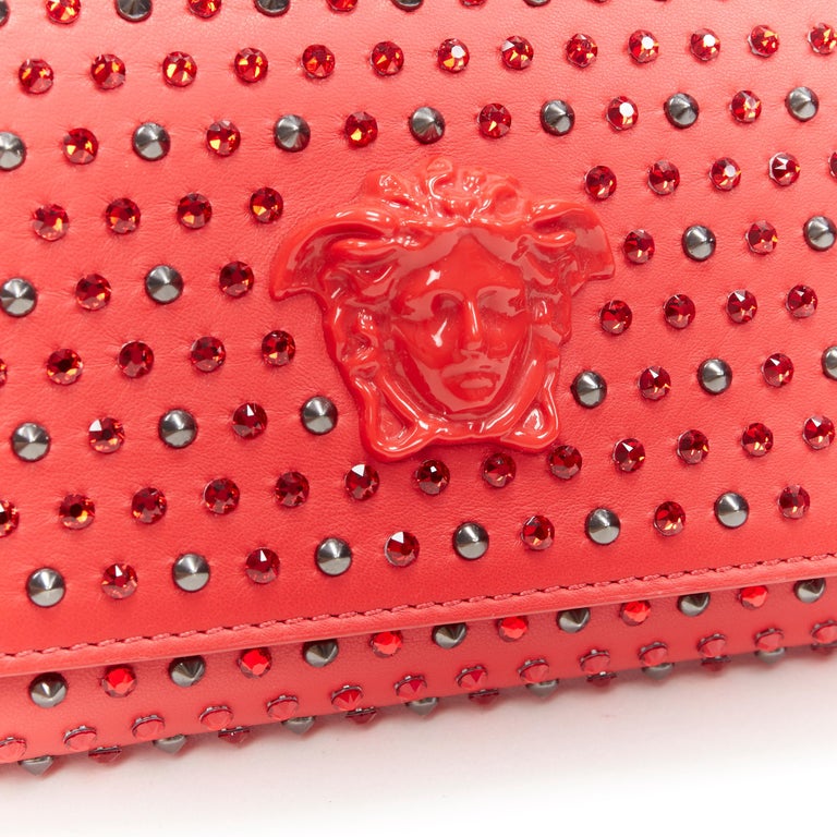 new VERSACE gold leather tonal Medusa head crystal strass stud flap ...