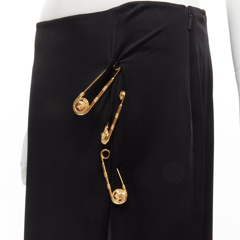 new VERSACE gold Medusa safety pin black viscose high slit skirt IT44 L ...