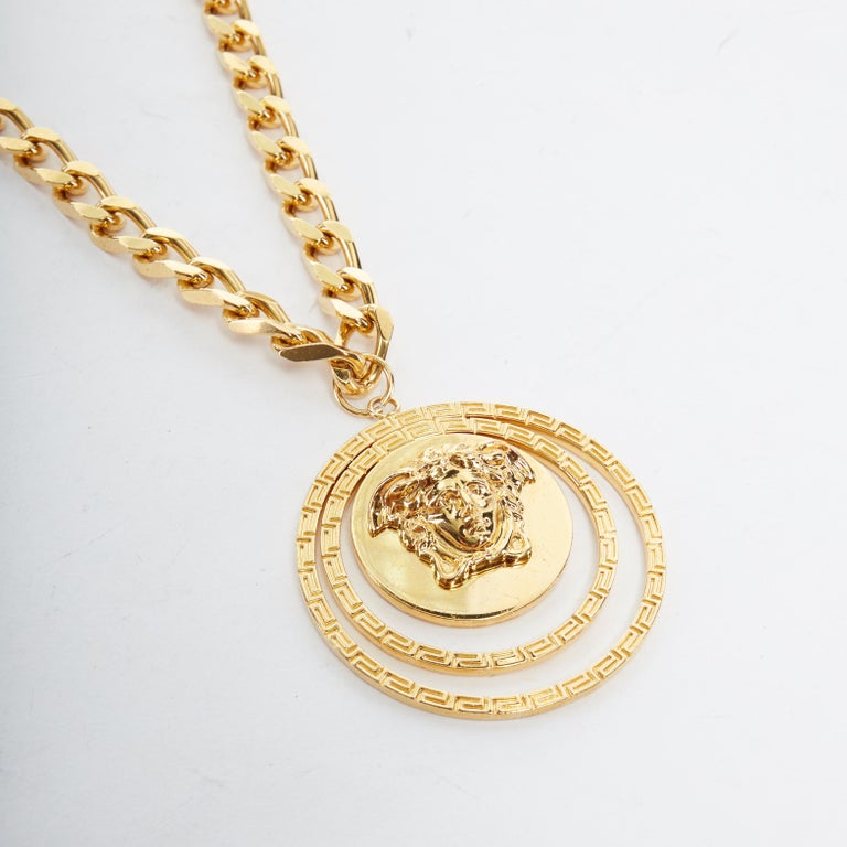 new VERSACE gold tone nickel Medusa halo medallion coin chunky long ...