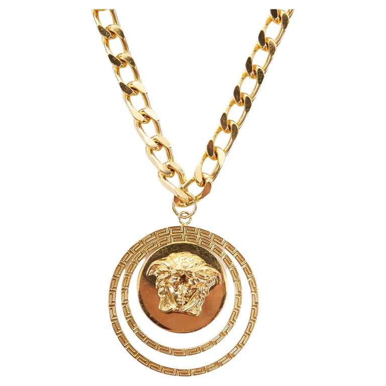 new VERSACE gold tone nickel Medusa halo medallion coin chunky long ...