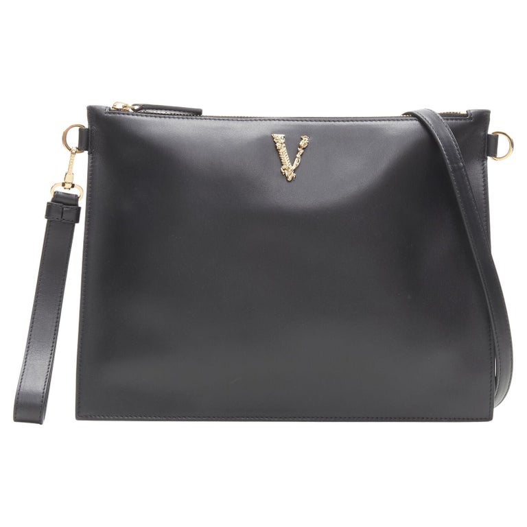 new VERSACE gold Virtus Barocco V black leather zip clutch crossbody ...