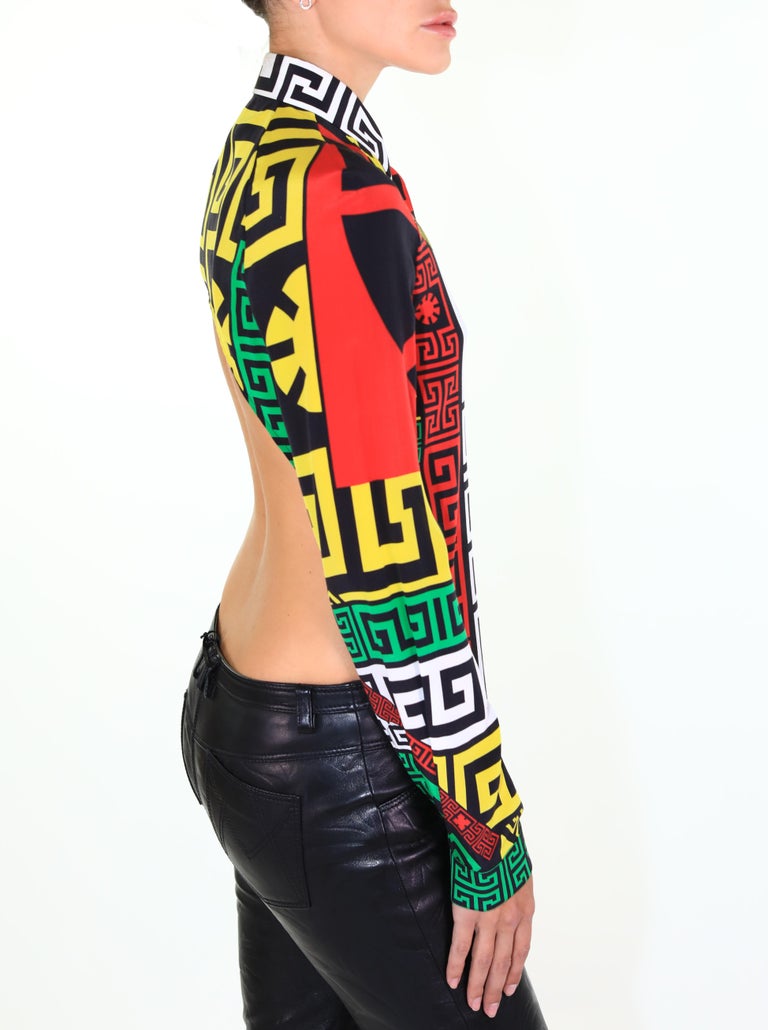New VERSACE #Greek Key Printed 100% Silk Button Up Shirt w/ Open Back ...