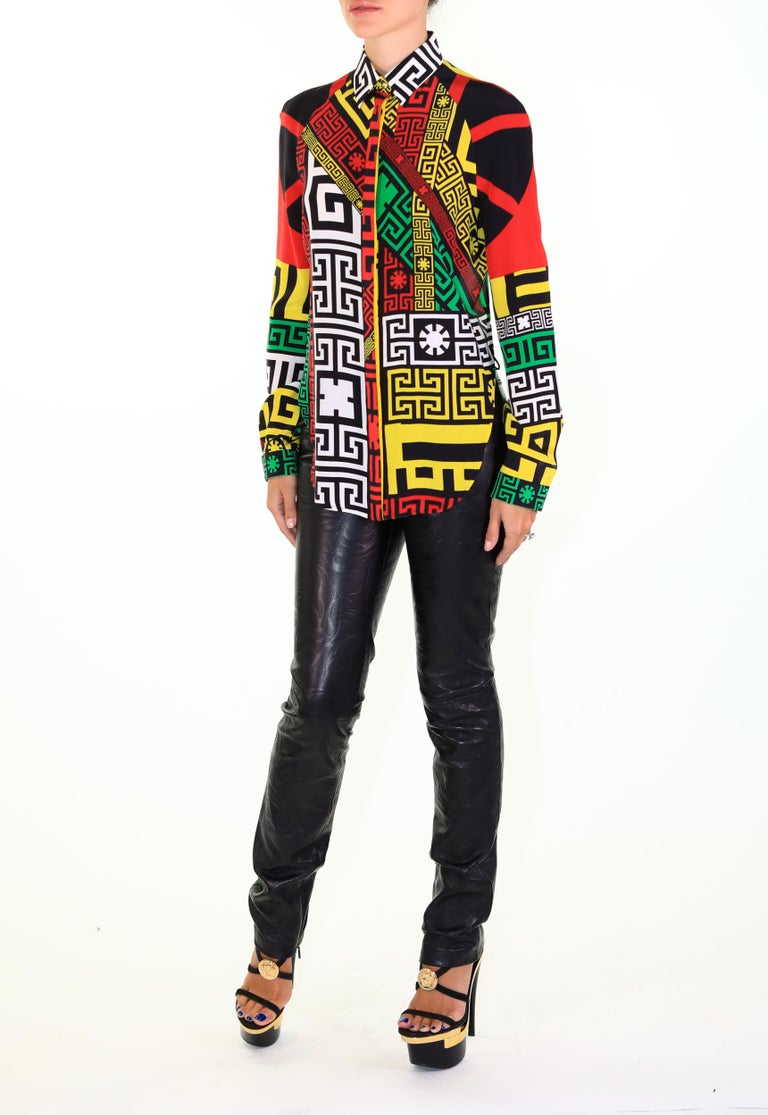 New VERSACE #Greek Key Printed 100% Silk Button Up Shirt w/ Open Back ...