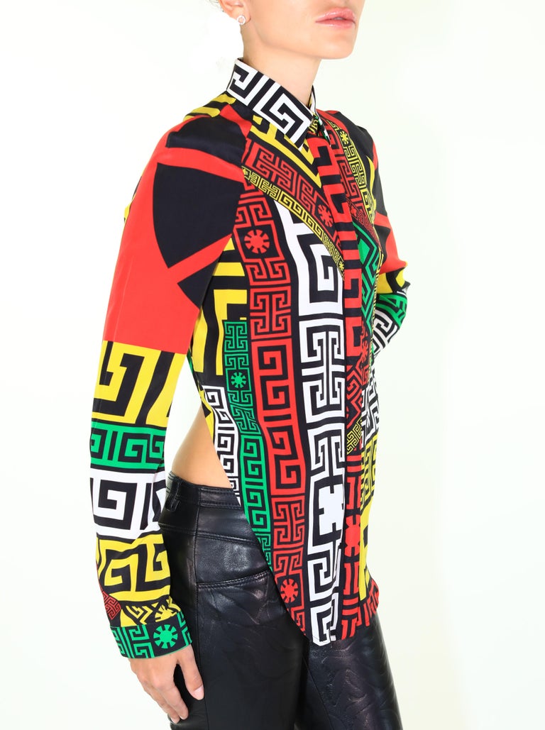 New VERSACE #Greek Key Printed 100% Silk Button Up Shirt w/ Open Back ...