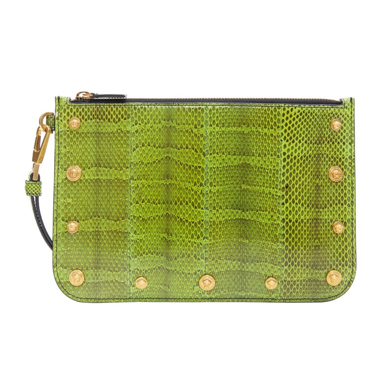 new VERSACE green ayers snake leather gold Medusa stud wristlet clutch ...