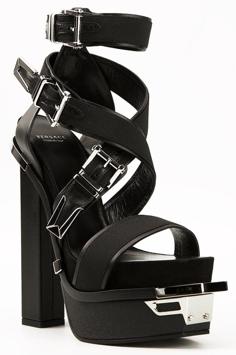 New Versace Hard Rock Black Leather Buckle Triple Platform Sandals ...