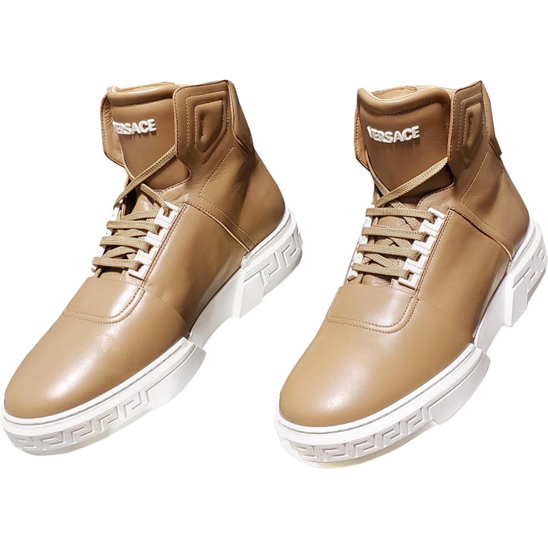 New VERSACE HIGH -TOP MOCHA LEATHER LACE UP SNEAKERS 44 - 11 at 1stDibs