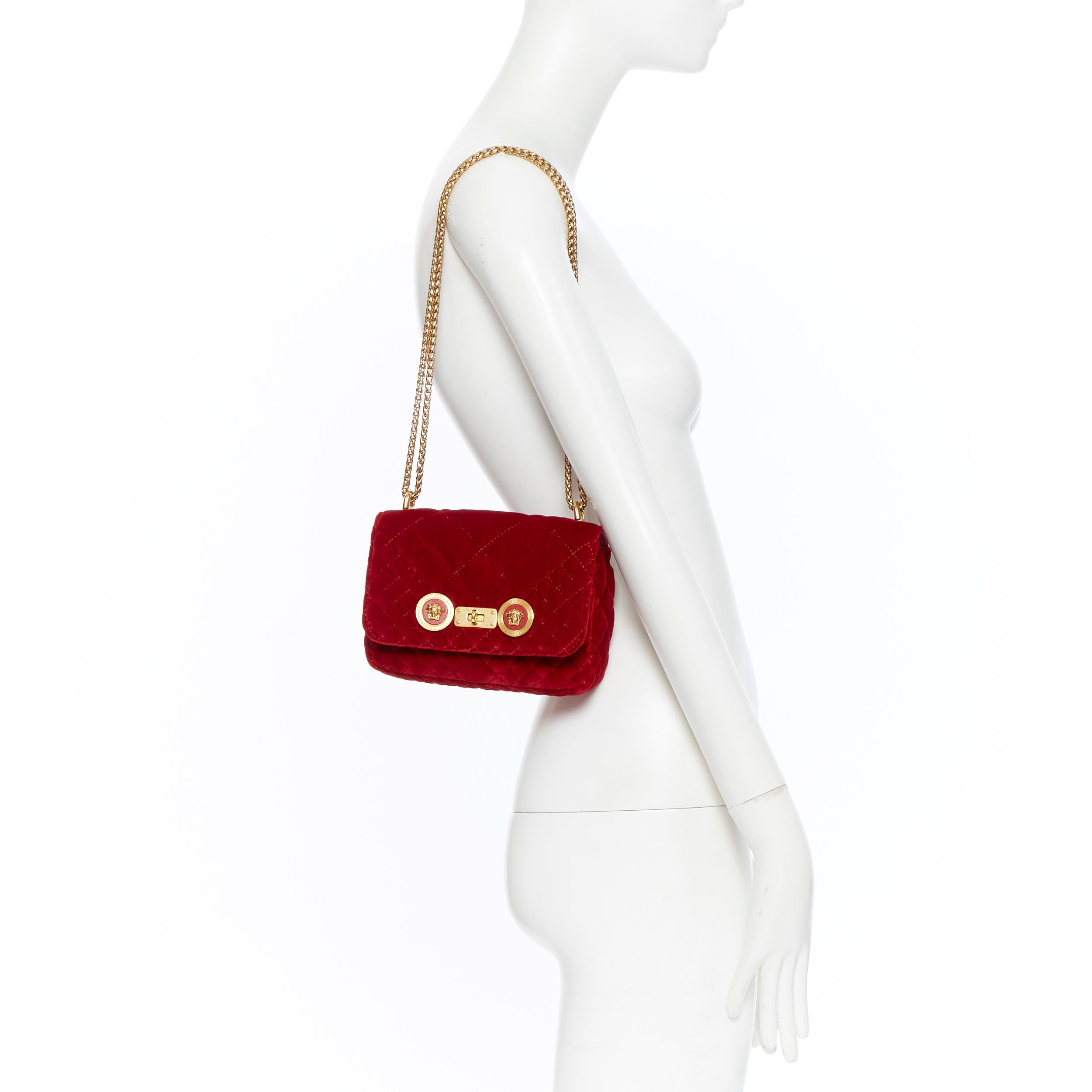 new VERSACE Icon Small red quilted velvet dual Medusa gold chain flap ...
