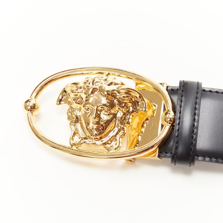 new VERSACE La Medusa Insignia gold oval 3D buckle black leather belt ...