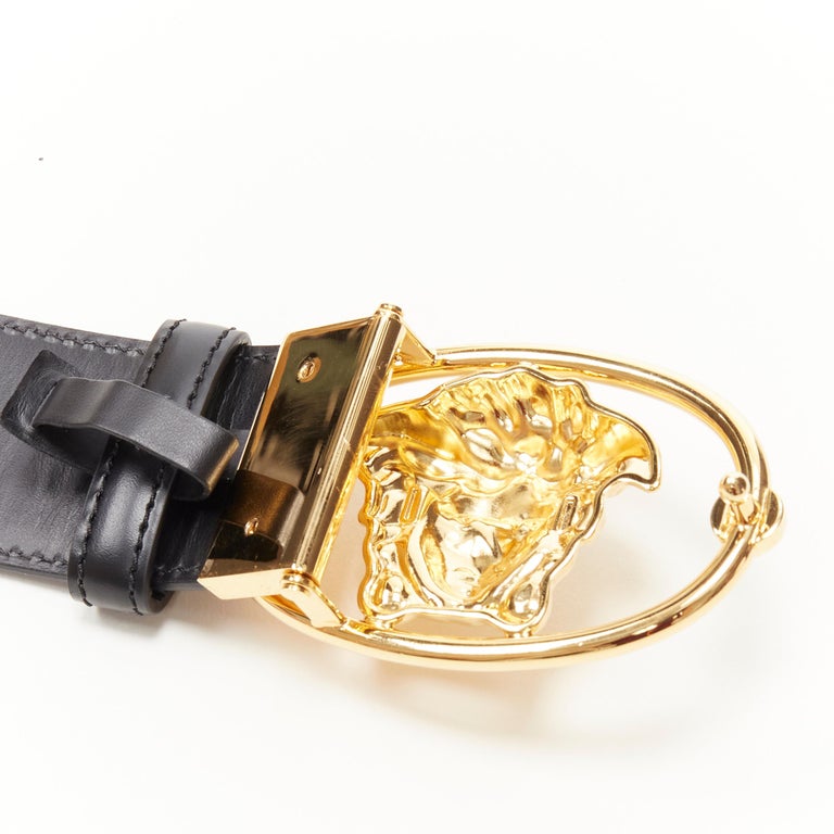 new VERSACE La Medusa Insignia gold oval 3D buckle black leather belt ...