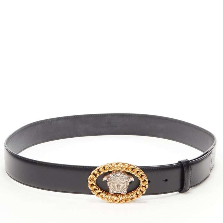 Versace - Ceinture noire à boucle et chaîne dorée face argentée « La ...