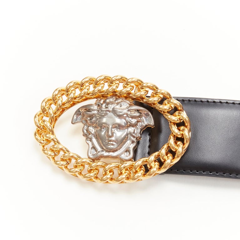 Versace - Ceinture noire à boucle et chaîne dorée face argentée « La ...
